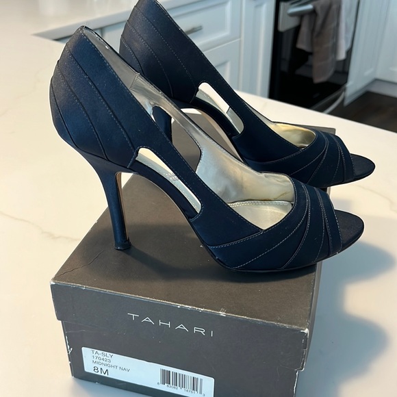 Tahari | Shoes | Tahari Used Navy Blue Satin Peep Toe Heels Size 8 ...